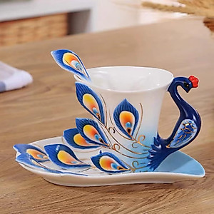 GloDeals Hand Crafted Peacock Tea Coffee Cup Set with Saucer and Spoon Delicate Porcelain Mug for Mom Women Grandma Gift Women’s Day Gift(Blue)