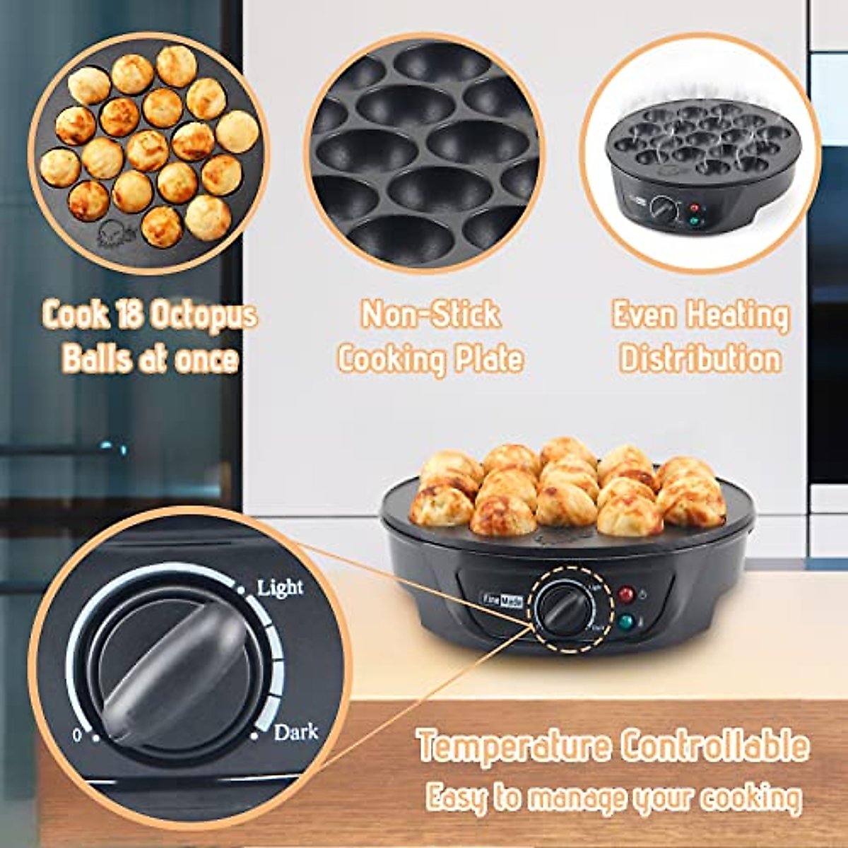 FineMade Takoyaki Maker Pan with Temperature Control, Tools and Recipes, Make 18 Japanese Octopus Balls at once, Easy to Use and Store