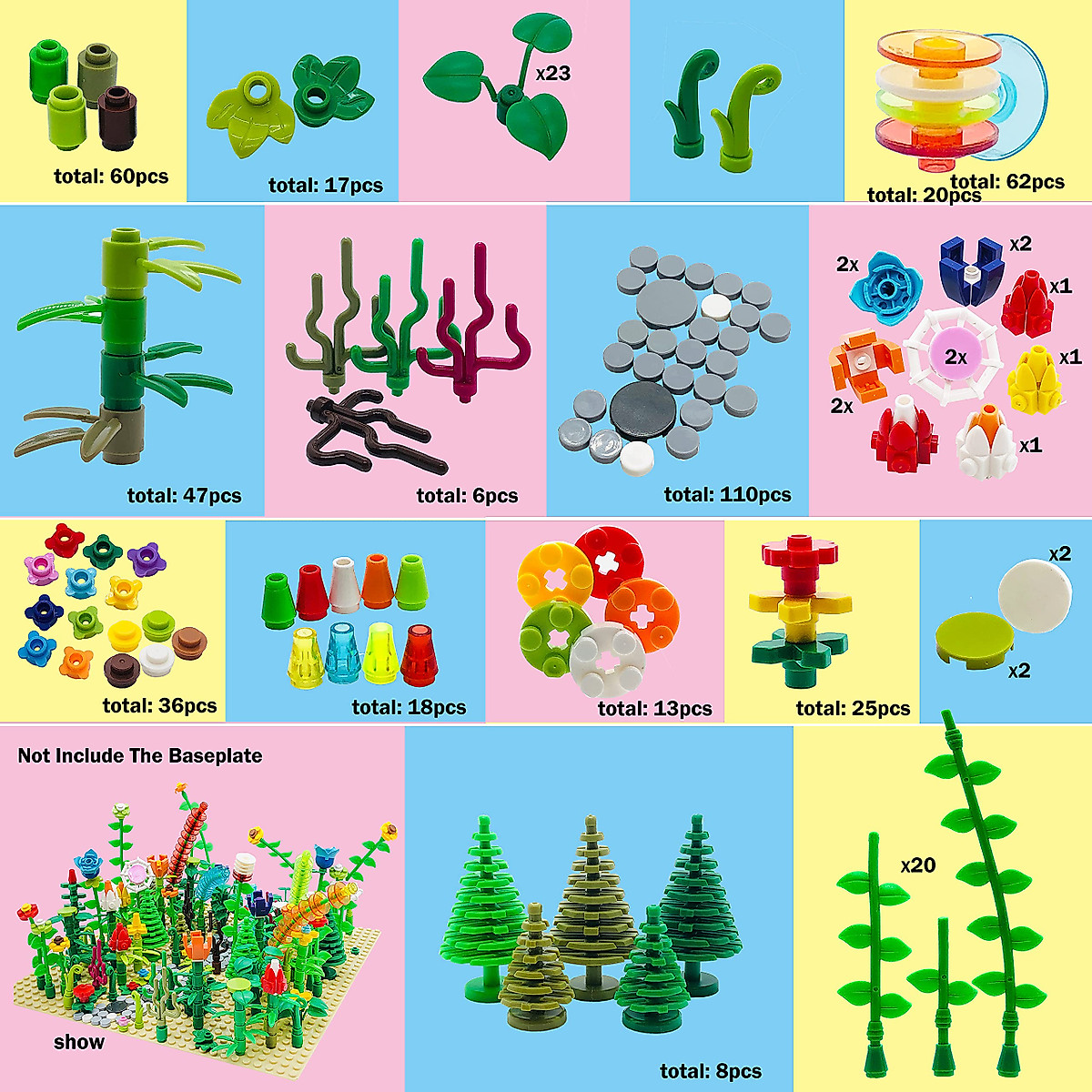 Botanical Garden Building Sets Parts,Plants Trees Jungle Flowers Leaves Grass Scenery Accessories Park House Building Bricks Toy Set for Kids 6+ (Not Include Baseplate)