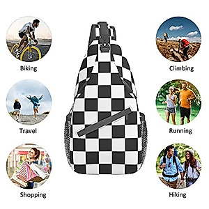 LAKUERVI Plaid Chest Sling Bag Geometric Checkered Plaid Pattern Black White Crossbody Shoulder Backpack Adjustable Lightweight Travel Hiking Casual Daypack for Men Women