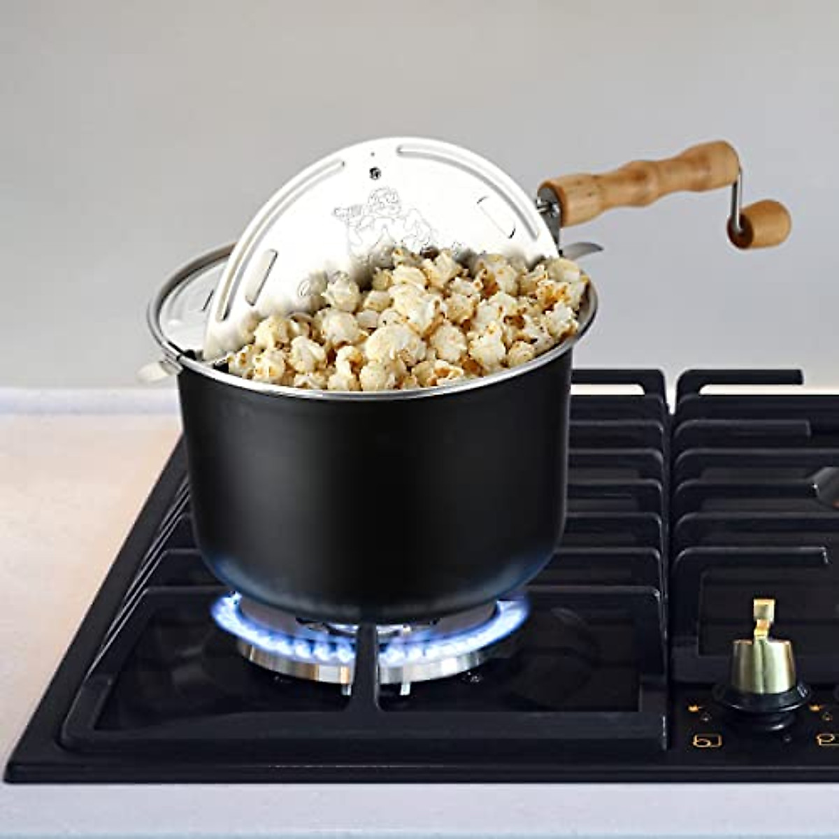 Stovetop Popcorn Maker – 6.5-Quart Popper Pan with Wooden Crank Handle and Internal Kernel Stirrer by Great Northern Popcorn (Black)