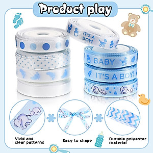 14 Rolls Baby Blue Ribbon Baby Shower Wrapping Ribbon 70 Yards It's a Boy Blue Ribbon Assorted Foot Print Elephant Satin Ribbon for Gift Wrapping Crafts Diaper Cake Baby Shower Birthday Favor