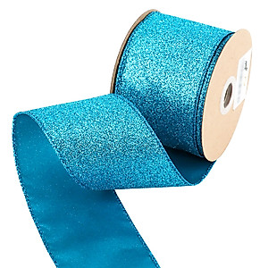 HUIHUANG Turquoise Christmas Ribbon 2-1/2" Sparkle Metallic Glitter Wired Ribbon for Tree, Bows Making, Wreath Supplies, Gift Wrapping, Garland, Home Decor, Crafts -10 Yards