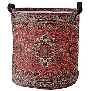Abstract Red Laundry Basket,Collapsible Bag with Easy Carry Handles,Large Waterproof Foldable Freestanding Hamper,Folding Bin Clothes Storage Round Vintage Distressed Traditional Oriental Boho Tribal