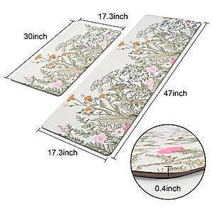 Alishomtll 2 PCS Kitchen Rugs and Mats, Floral Cushioned Anti-Fatigue Kitchen Rugs, Waterproof Non-Slip Washable Flowers Kitchen Mats for Kitchen Floor Laundry Office (17.3"x30"+17.3"x47")