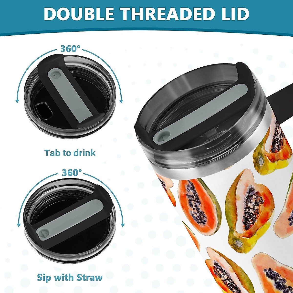 Yasala Car Tumbler with Handle Papaya Watercolor Travel Mug Coffee Cup Insulated Beverage Container Mega Cup for Hot Cold Drinking Thermos Water Bottle Cupholder Friendly 40 oz