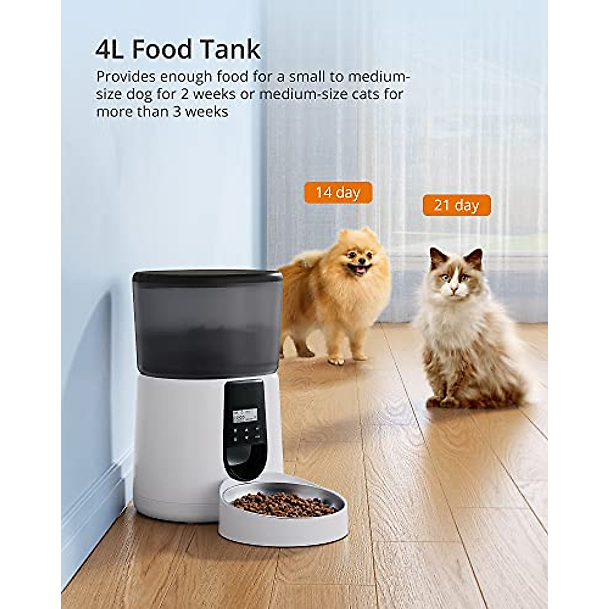 LLSS Automatic Cat Feeder, 4L Food Dispenser, Timed Feeder with Detachable Stainless Steel Bowl, Dry Dispenser for & Dog, Programmable Meal Portion, 1-4 Meals per Day, Auto Pet Black, White