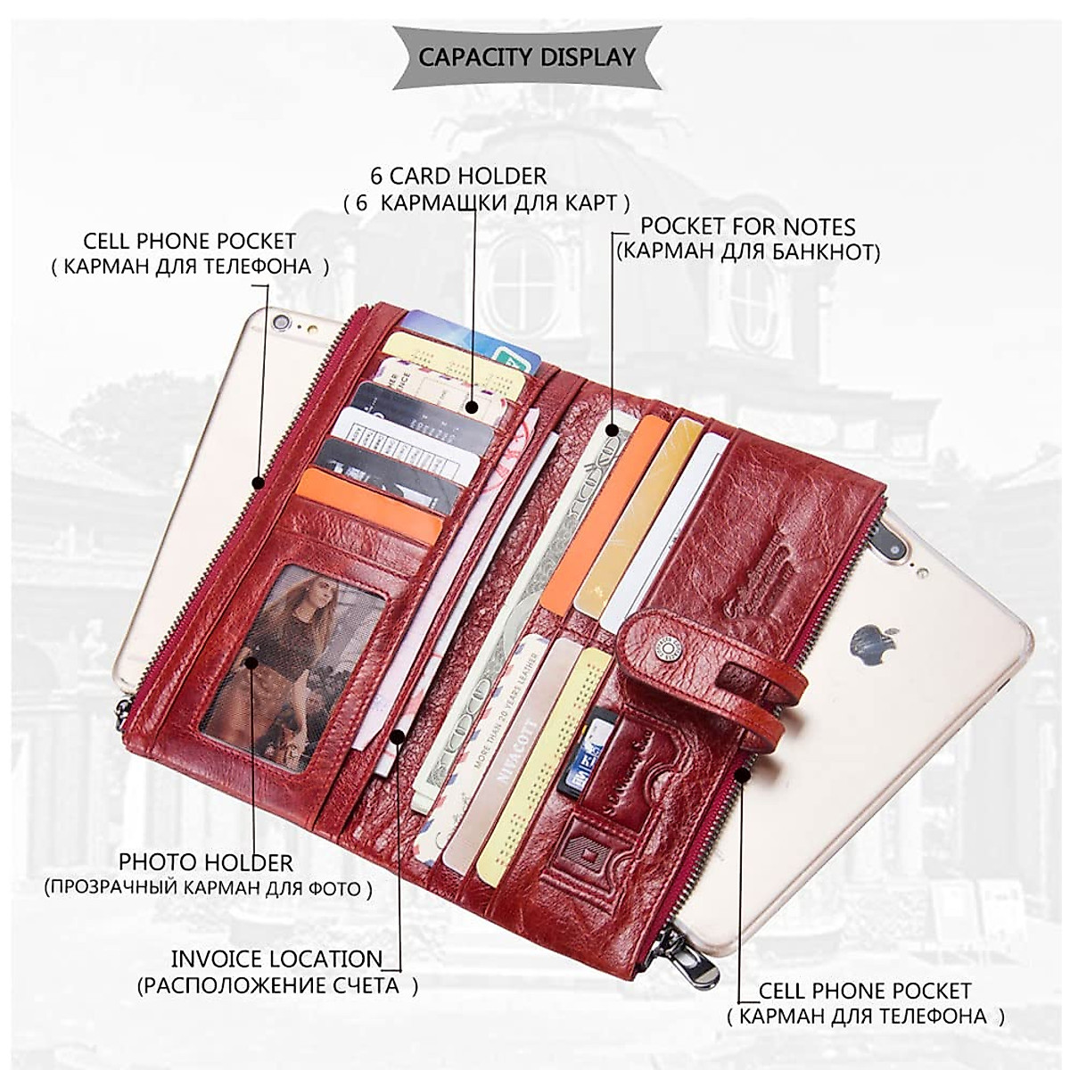 Contacts Womens Clutch Wallet Leather Checkbook Purse for Women Bifold Long Zipper Wallet Phone Card Holder (Red)