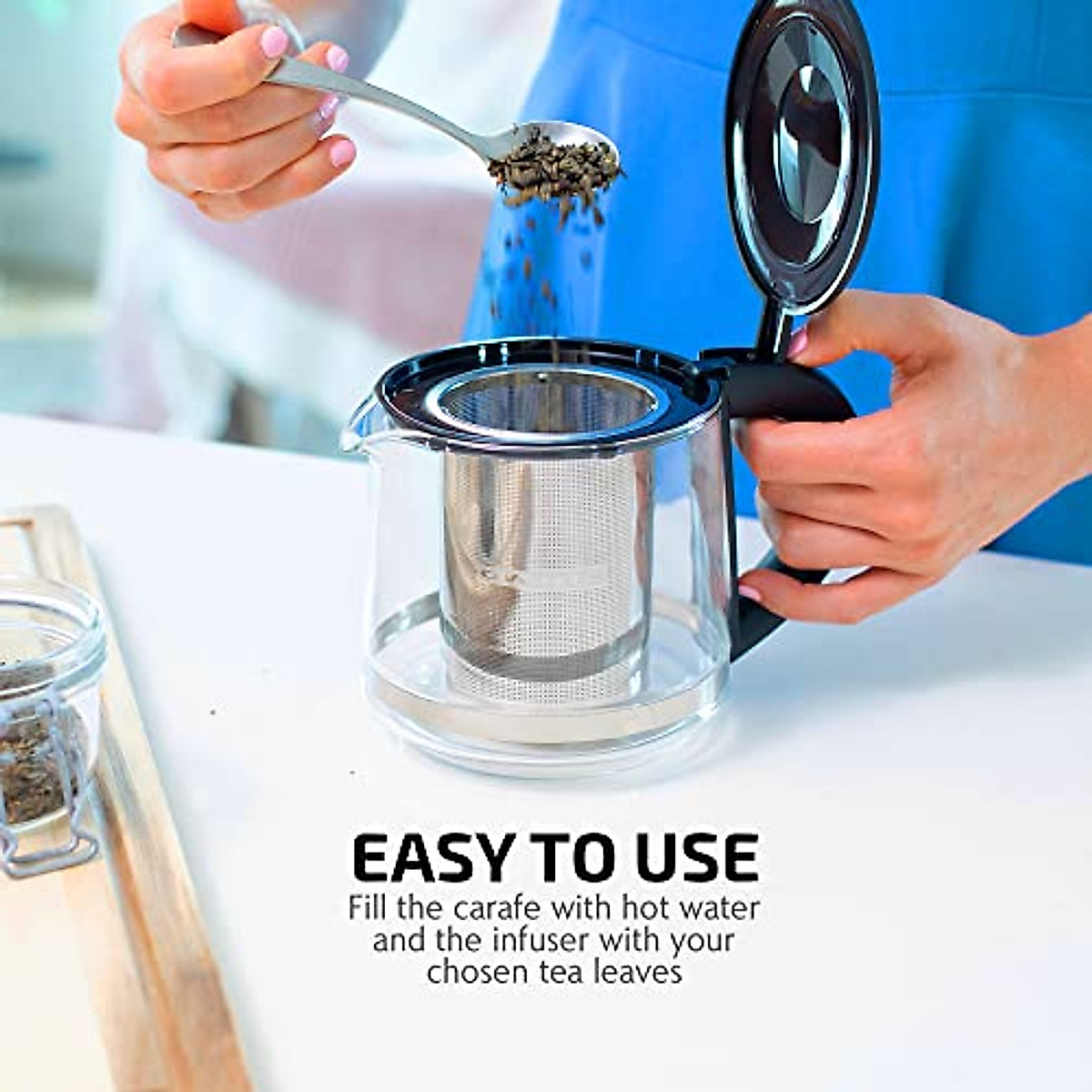 Ovente 27 Ounce Reusable Loose Leaf Tea Infuser Well Matched with Glass Tea Kettle KG612S, Portable Tea Maker with Cool Touch Handle & Easy to Flip Lid, Easy Clean Teapot with Free Scoop, Black FGK27B