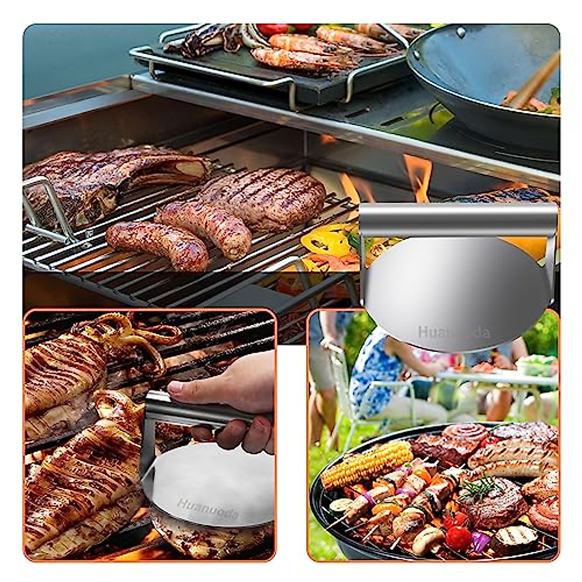 Stainless Steel Burger Press, Burger Smasher Heavy-Duty Bacon Grill with Silicone Brush, Non Stick Grill Press for BBQ, Flat Top Griddle & Grill Cooking, Dishwasher Safe and Easy to Clean