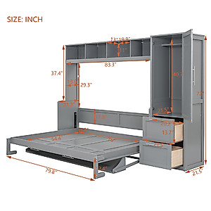 SOFTSEA Full Size Murphy Bed with Desk, Cabinet Murphy Bed with Storage Drawers, Closet, Shelves and Cabinet, Wood Foldable Bed Murphy Bed for Bedroom Guest Room Home Office, Gray
