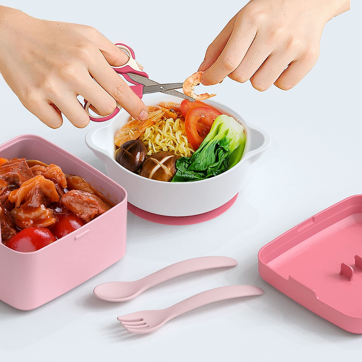 Silicone Suction Bowl For Toddlers Baby Suction Cup Food Container for Snack Oatmeal Outdoor Kids Tableware Auxiliary Scissors And Spoon And Fork 5 Piece (Blue) (Pink)