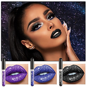 3PCS Black Blue Purple Liquid Glitter Lipstick Glitter Lip Gloss Set,Diamond Shimmer Matte Lipstick Set Long Lasting High Pigment Glitter Lip Stick Kit Lip Gloss Set Halloween Makeup Gift - Set D