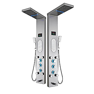 ELLO&ALLO LED Shower Panel Tower System, Rainfall and Mist Head Rain Massage Stainless Steel Shower Fixtures with Adjustable Body Jets, Brushed Nickel