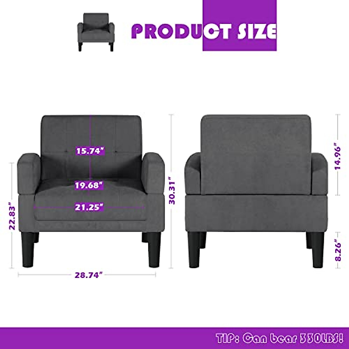 TYBOATLE Mid-Century Modern Upholstered Fabric Living Room Accent Arm Chairs Set of 2, Tufted Bedroom Office Armchair Single Sofa, Reading Lounging Side Lounge Chair Living Room Furniture (Grey)