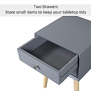 Mid Century Modern Nightstand with 2 Drawers, Gray Side Table with Storage, Small End Table for Bedroom, Living Room