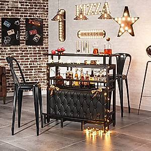 LITTLE TREE Home Bar Table Unit with 3 Tier Storage Shelves, Black