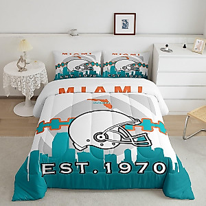 Erosebridal Sports Comforter Set Queen,Boys Football Bedding Set for Kids Boys Girls,Blue Orange Rugby Quilt Inner Fill,American Football City Down Comforter with 2 Pillowcases(Miami)