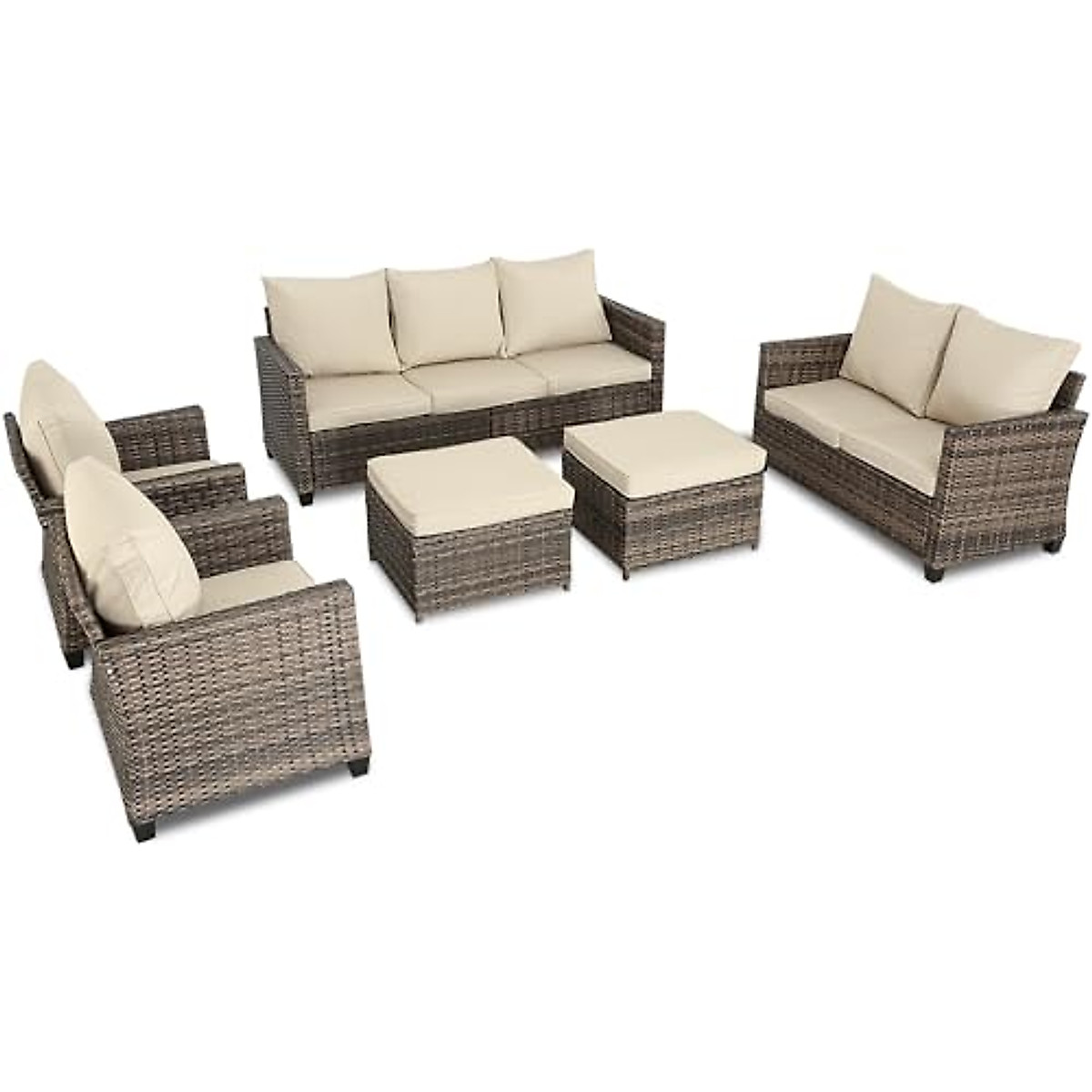 Furnimy Patio Furniture Set Rattan Outdoor Sectional Conversation Sets 3-Seat Outdoor Couch,2 Single Chair 1 Loveseat and 2 Ottoman for Lawn Balcony Garden Backyard (Gray-Tan, Set of 6)