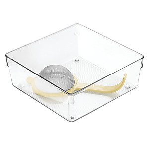 InterDesign Linus Kitchen Drawer Organizer for Silverware, Spatulas, Gadgets - 8" x 8" x 3", Clear