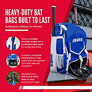 Hit Run Steal Blue Softball Baseball Bag - Holds 4 Bats, Glove, Water Bottle, Shoe Compartment, Helmet, Fence Hook for Equipment & Gear