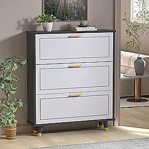 FAMAPY Entryway Shoe Storage Cabinet with 3 Flip Drawers, Wood Shoe Organizer for Entryway with Legs, Gold Handles, for Hallway Grey (35.4”W x 9.4”D x 47.2”H)