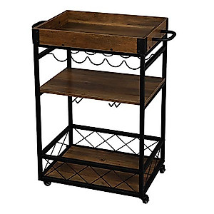 Rolling Serving Bar Cart - Industrial Wood and Metal Storage Cart with Wine Rack and Glass Holder - Coffee Cart on Wheels - 3 Tier Rustic Modern Serving Cart - Home Mobile Beverage Cart - Vintage