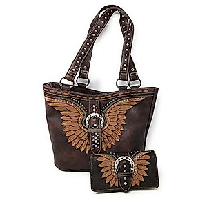 Concealed Carry Hobo Double Flat Strap Purse Wings Buckle with Matching Wallet (Dark Brown)
