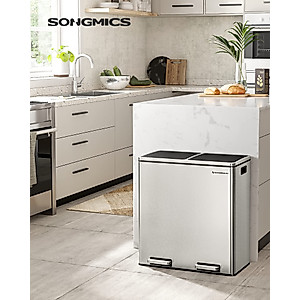 SONGMICS Trash Can, 2 x 8-Gallon Garbage Can for Kitchen, with 15 Trash Bags, 2 Compartments, Plastic Inner Buckets and Hinged Lids, Airtight, Silver and Black ULTB60NL