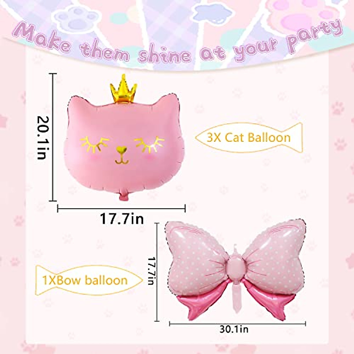 BlingABC Pink Cat Balloons 5Pcs, Large 20Inch Crown Kitty Cat with 30Inch Pink Bow Balloons for Girls Kitten Animal Themed Baby Shower Birthday Decoration Party Supplies