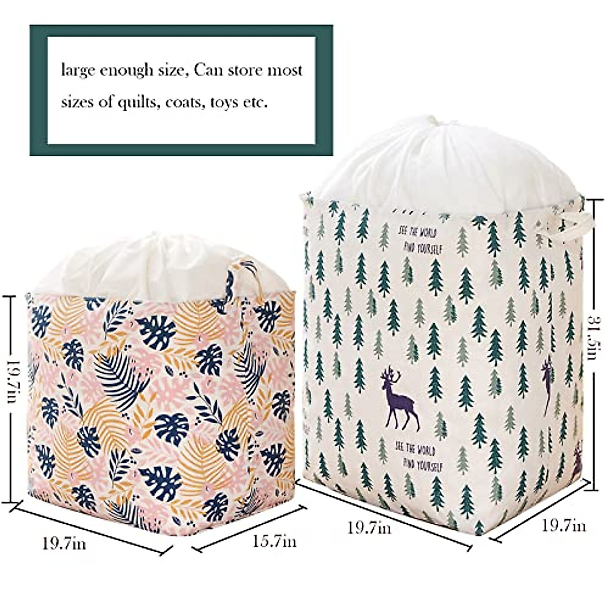 RUIBOER Clothes Storage Bag, 2 Pack Large Organizers set Cotton and linen Collection for Blankets socks dresses Comforters Bedding Clothing Pillow Reinforced Handle Thick Fabric (Bins)