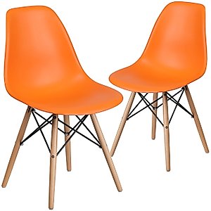 Flash Furniture 2 Pack Elon Series Orange Plastic Chair with Wooden Legs for Versatile Kitchen, Dining Room, Living Room, Library or Desk Use