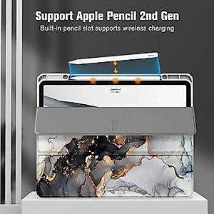 Fintie Hybrid Slim Case for iPad Pro 12.9-inch 6th Generation 2022, [Built-in Pencil Holder] Shockproof Cover w/Clear Transparent Back Shell, Also Fit iPad Pro 12.9" 5th/4th/3rd Gen, Cloudy Marble