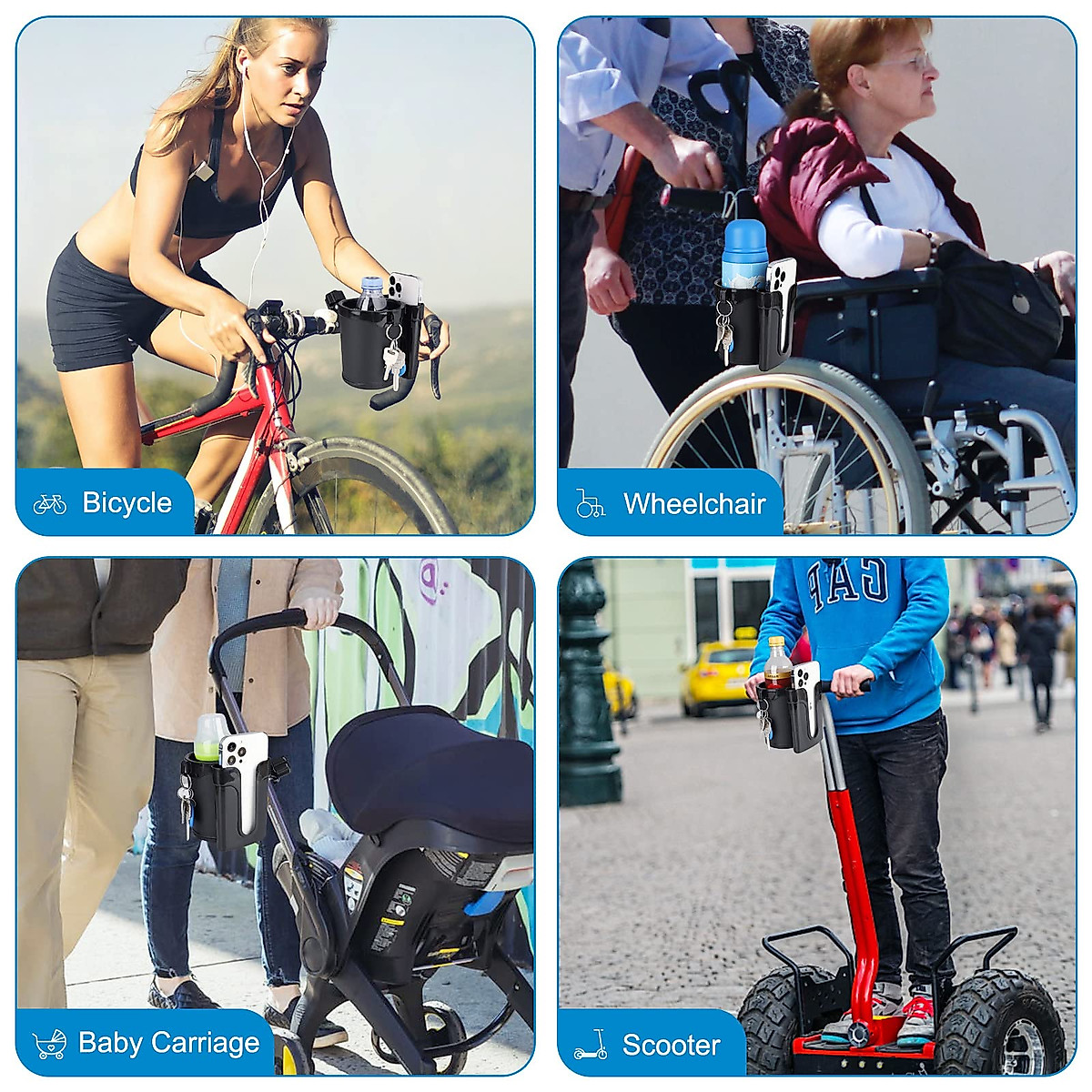Accmor Stroller Cup Holder with Phone Keys Holder, 3-in-1 Universal Cup Holder, Drinks Bottle Holder for Stroller, Bike, Wheelchair, Walker, Scooter