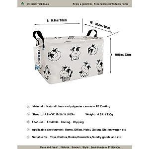 ONOEV Rectangular Folding Laundry Basket,Canvas Basket,Nersury Hamper,Suitable for Children,Office,Bedroom,Clothes,Toys Storage (REC Cow), 14.9’’L ×10.2’’W×9.05’’H inches