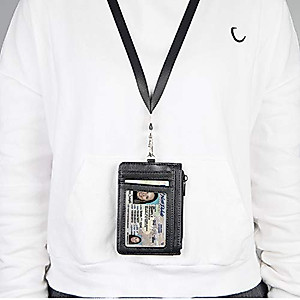 Teskyer Minimalist Wallet, Slim Wallet with Neck Lanyard and Wrist Strap, Credit Card Holder Wallet, RFID Blocking Front Pocket Wallet for Men Women, Black