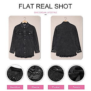 Dokotoo Women's Casual Boyfriend Oversized Lapel Button Up Long Sleeve Denim Trucker Jacket Distressed Ripped Denim Jackets Fray Hem Tassels Jean Jacket for Women with Pockets, (US 8-10) M,Black