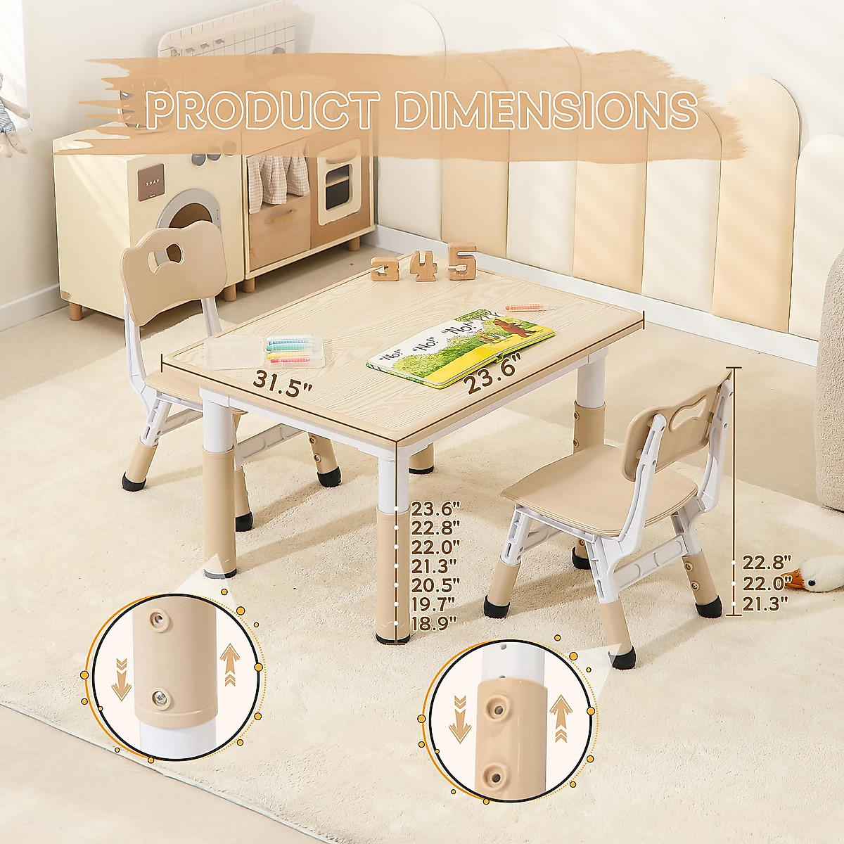 SINKIPA Kids Table and 2 Chairs Set, Height Adjustable Toddler Table and Chairs, Graffiti Desktop Kids Study Table with Anti-Slip Foot Covers, Children Activity Table for Ages 2-10