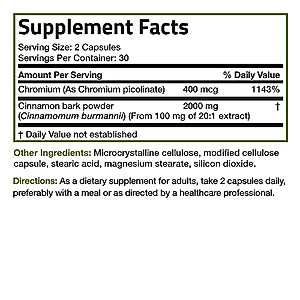 Bronson Cinnamon 2000 MG per Serving Plus Chromium Supports Sugar Metabolism, High Potency Chromium, Non-GMO, 60 Vegetarian Capsules