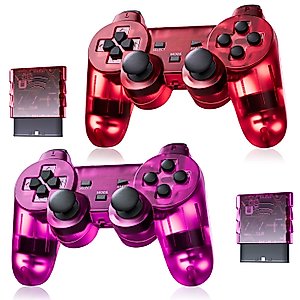 Burcica Wireless Controller for PS2 Play 2 Dual Vibration - ClearRed and ClearPurple