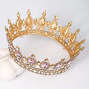 FORSEVEN Queen Crown Rhinestone Wedding Crowns and Tiaras for Women Costume Party Hair Accessories Princess Birthday Crown Crystal Bridal Crown (Gold+Pink)