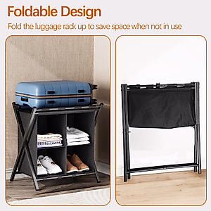 Huhote Luggage Rack for Guest Room, Set of 2, Folding Suitcase Stand with Fabric Storage Shelf, Luggage Holder, Steel Foldable Luggage Stand for Guest Room, Bedroom, Hotel, Black