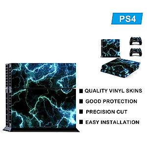 FOTTCZ Whole Body Vinyl Skin Sticker Decal Cover for PS4 Console and 2PCS Controllers Skins Cyan Lighting