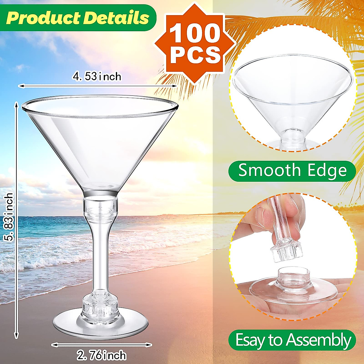 100 Pcs Plastic Martini Glasses 5 oz Disposable Cocktail Glasses Tall Mini Martini Plastic Cups Unbreakable Appetizer Dessert Cups for Margarita Wine Champagne Ice Cream Wedding Party Bar Event