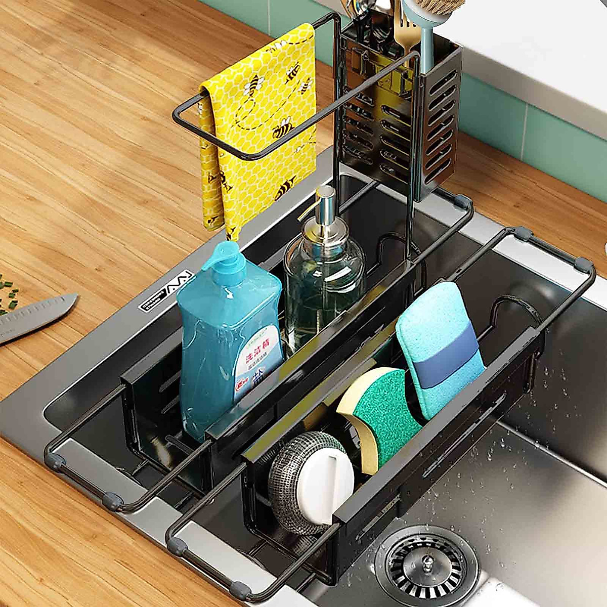 Telescopic Sink Storage Rack, Chopstick Holder, Rustproof Adjustable Kitchen Bath Organizers, for Kitchen Sponge, Sink Plug, Brush, Rag,Black