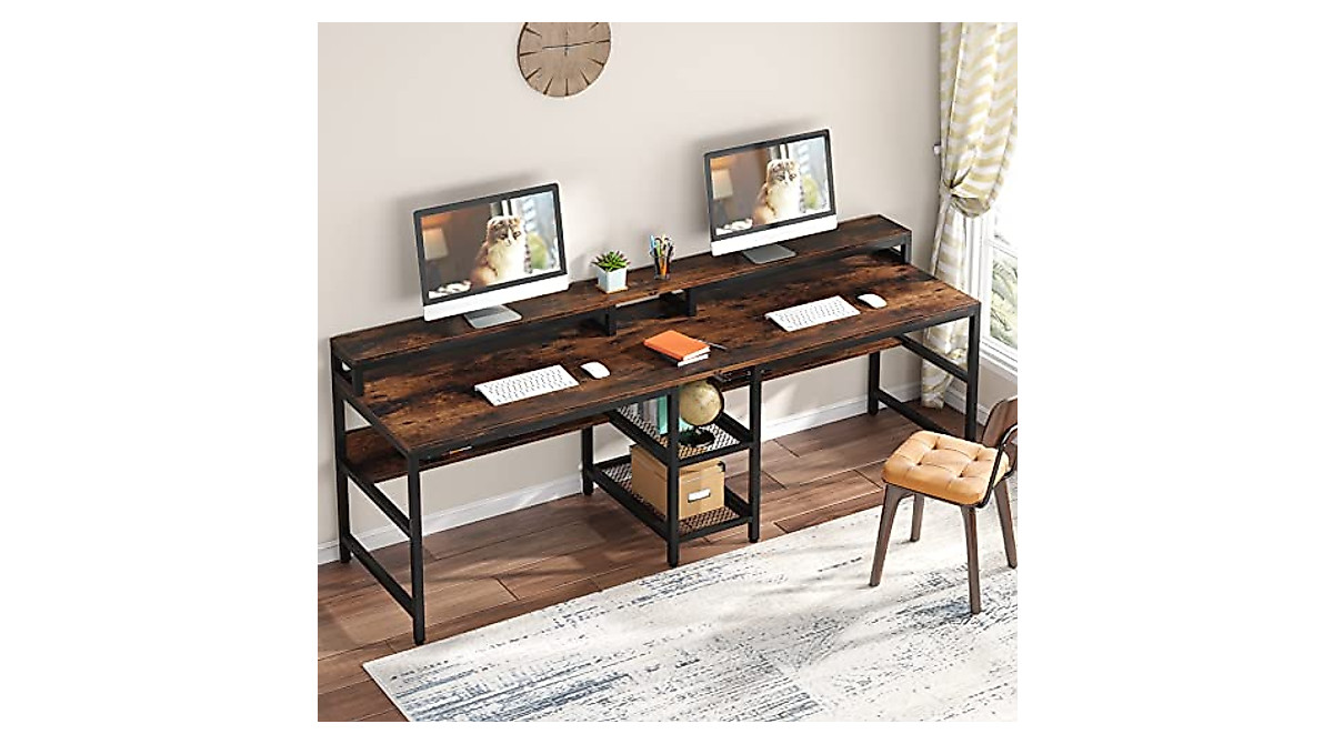 Tribesigns Double Computer Desk with Storage Shelf - Rustic Brown