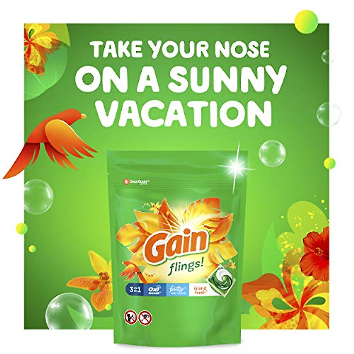 Gain Flings Liquid Laundry Detergent, Island Fresh Scent, 35 Count, HE Compatible
