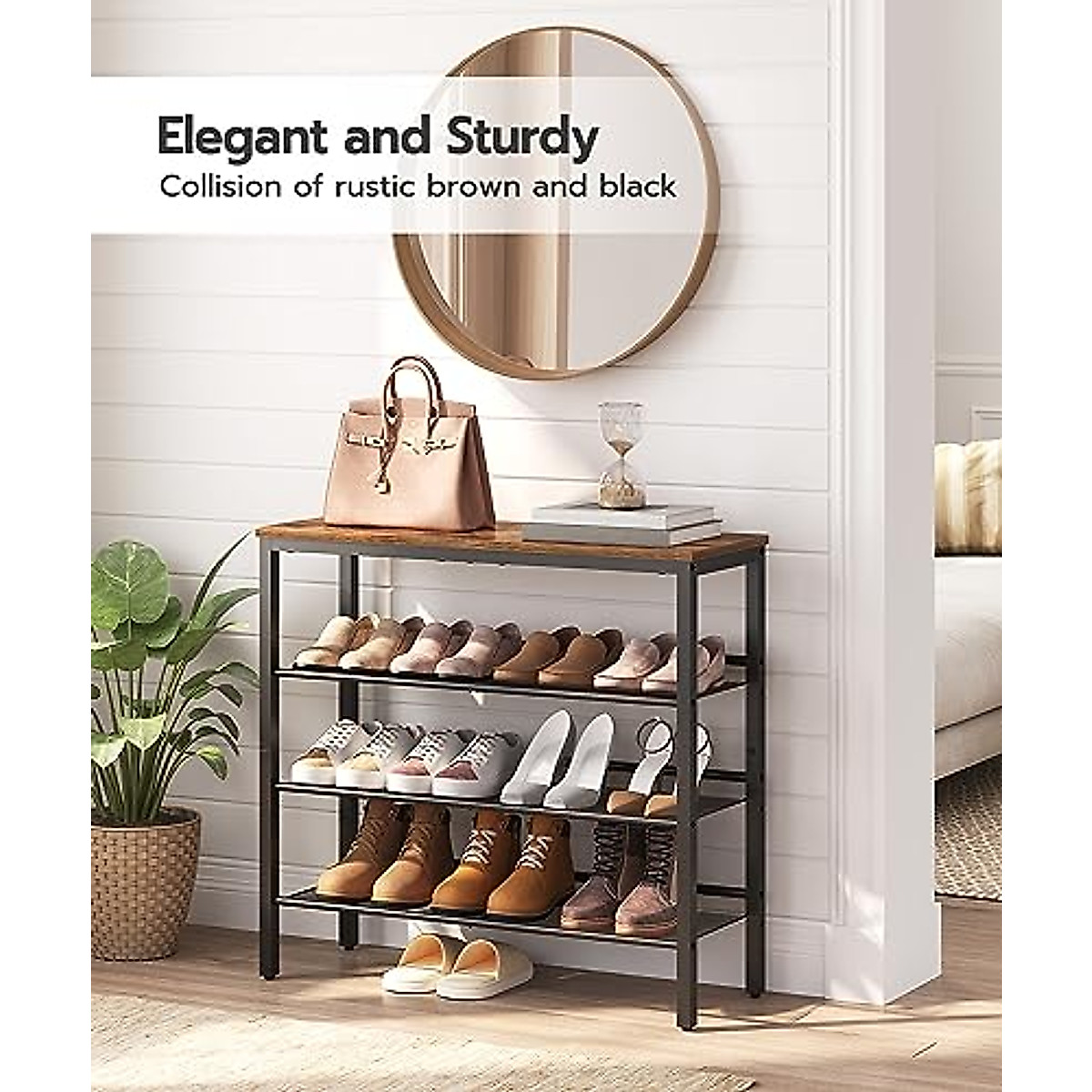 HOOBRO Shoe Rack, 4-Tier Shoe Rack, Shoe Shelf for Entryway, Closet, Holds 12-15 Pairs of Shoes, Shoe Storage Organizer with 3 Metal Mesh Shelves, Solid and Stable, Industrial, Rustic Brown BF42XJ01