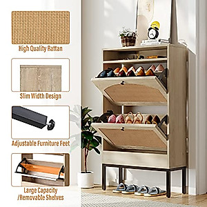 Wanttii Rattan Shoe Cabinet with Charging Station, Shoe Storage Cabinet with 2 Flip Drawers, Slim Shoe Storage for Entryway, Hallway, Living Room (Natural)