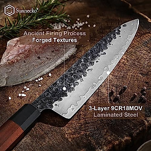 Sunnecko Japanese Gyuto Chef Knife - 8 Inch Chefs Knife for Kitchen,3 Layers 9CR18MOV High Carbon Steel Sharp Cutting Knife,Hand Forged Hammered Pattern